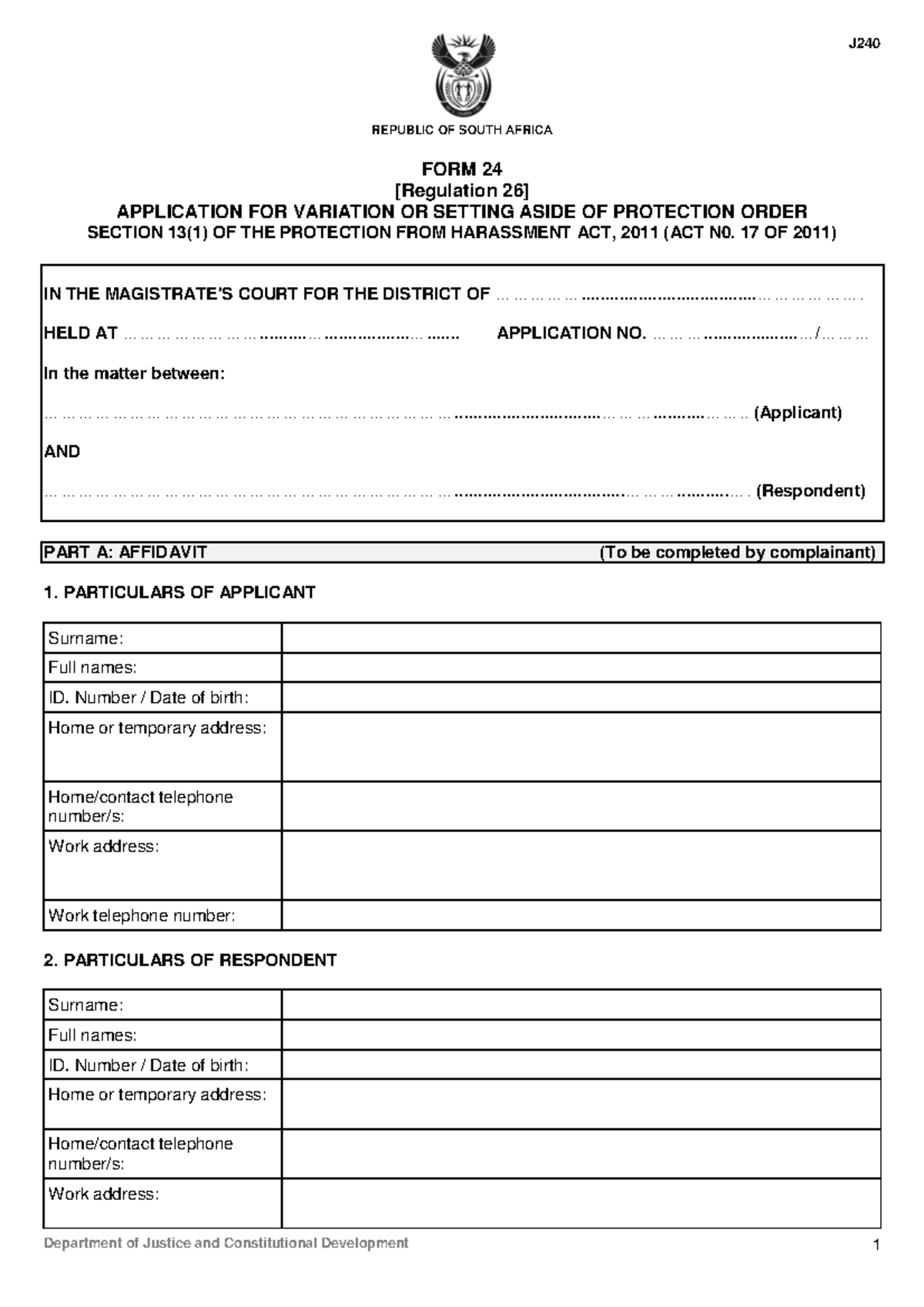 J240-F24 - Application for Variation of Protection Order Form - Studocu