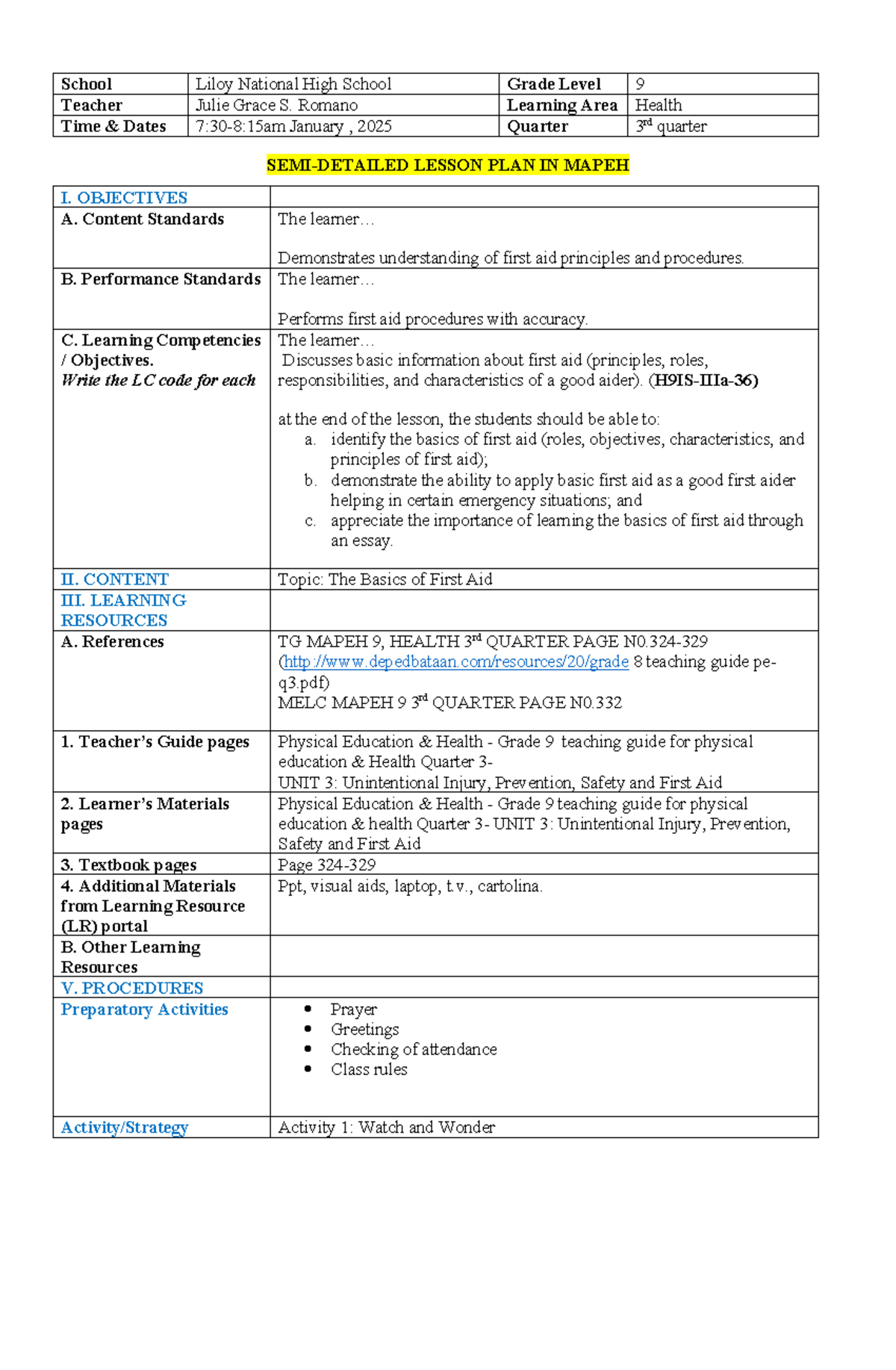 Lesson Plan in MAPEH 9: Basics of First Aid for 3rd Quarter - Studocu