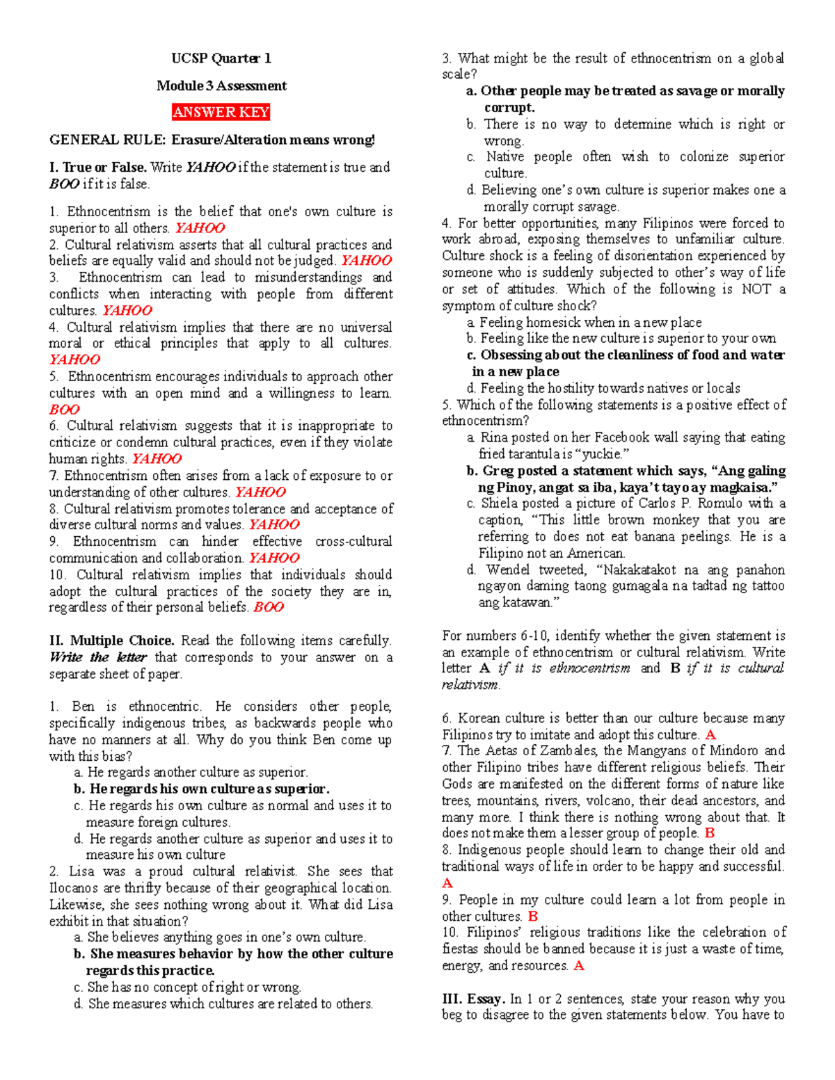 UCSP Q1 Module 3 Assessment Answer Key and Insights - Studocu