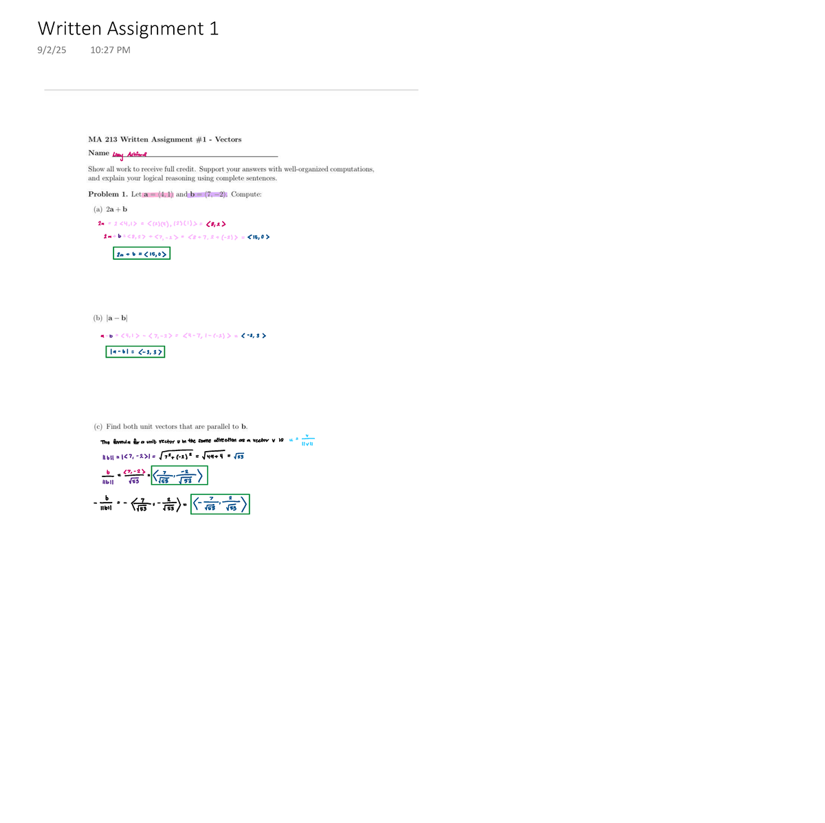MA 213 Written Assignment 1: Vectors and Unit Vectors - Studocu