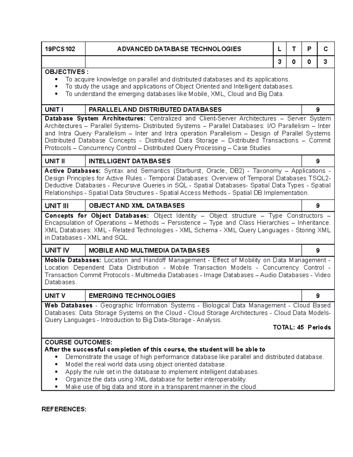 19PCS102 - Advanced Database Technologies Syllabus Overview - Studocu