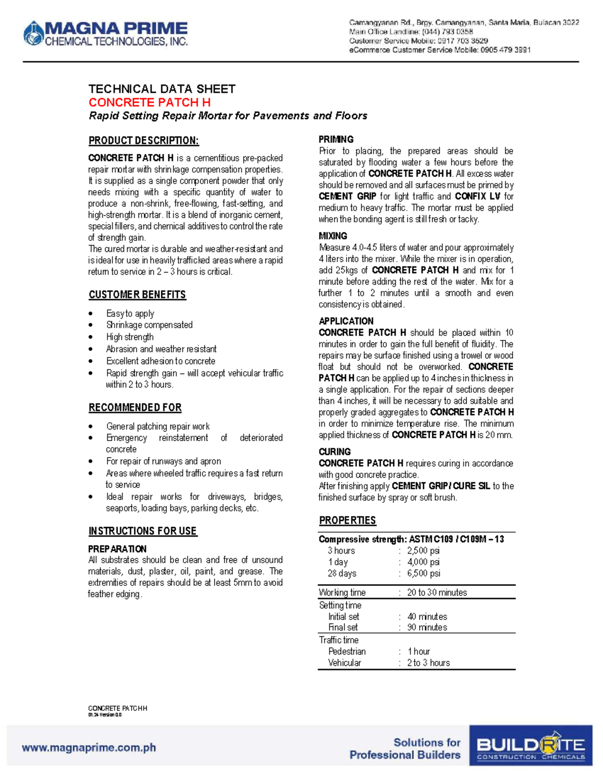 TDS for Concrete Patch H (Rapid Setting Repair Mortar) - Ver 0.0 - Studocu