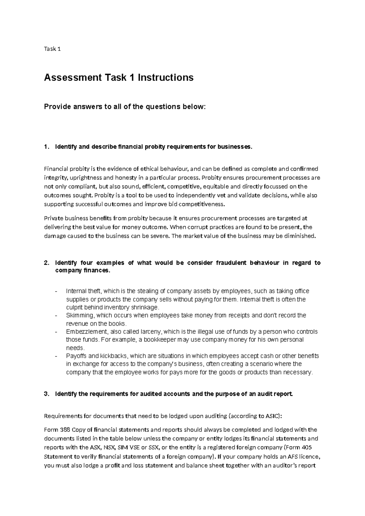 Bsbfim 601 Task1 - Task 1 Assessment Task 1 Instructions Provide answers to all of the questions ...