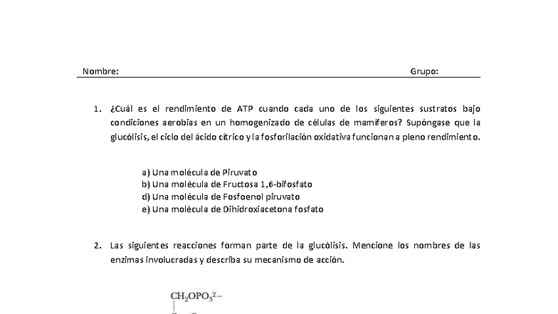 Examen muestra - Nombre: Grupo: 1. ¿Cuál es el rendimiento de ATP ...