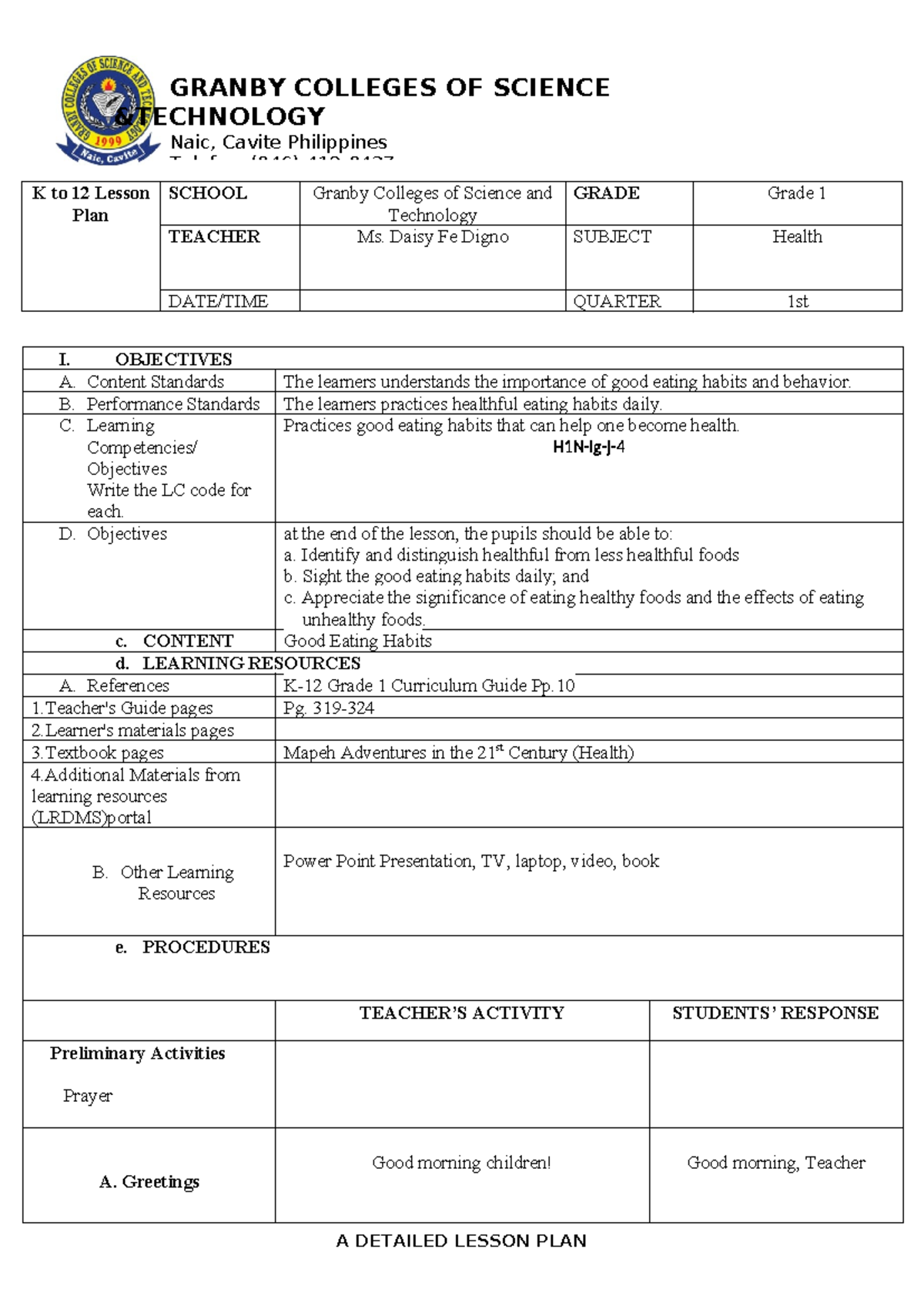 Detailed Lesson PLAN IN Health 1 - Granby Colleges of Science and GRADE ...