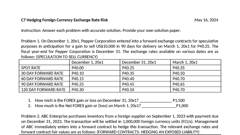 C7 Final Exam: Hedging Foreign Currency Exchange Rate Risk Solutions ...