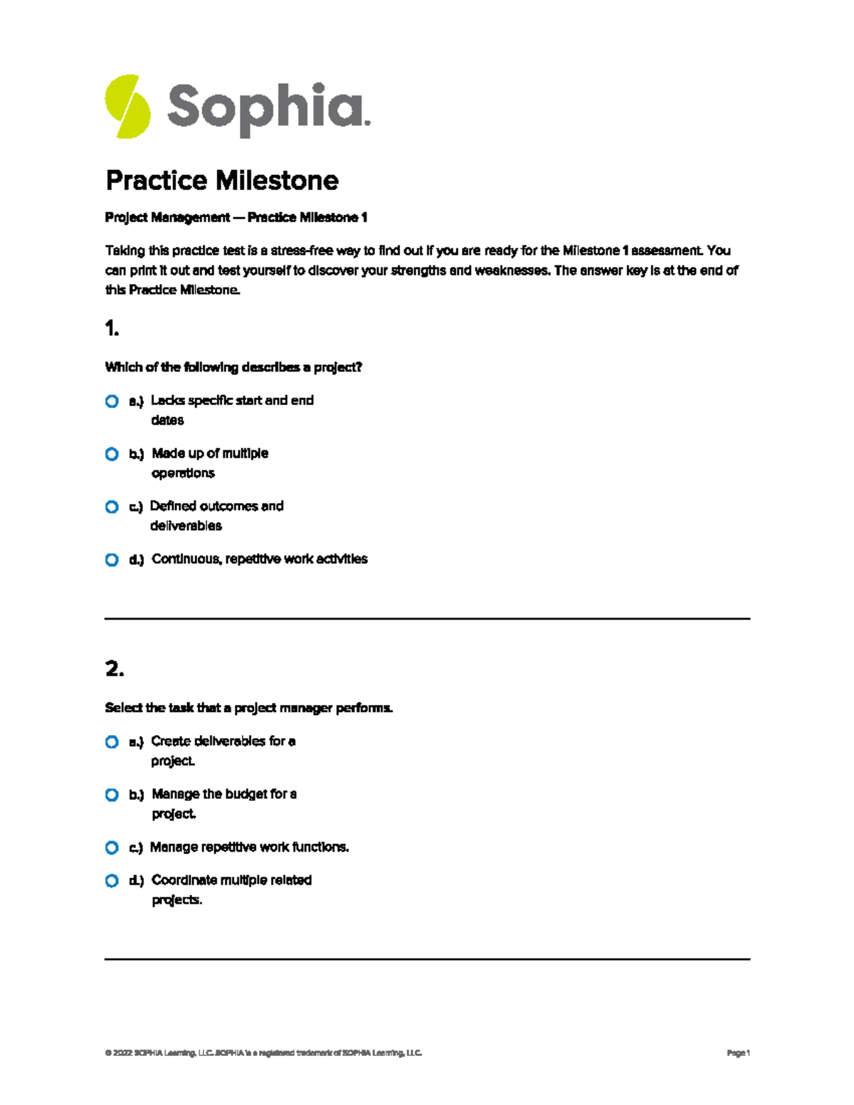 Project Management - Unit 1 Practice Milestone 1 - Sophia - Studocu