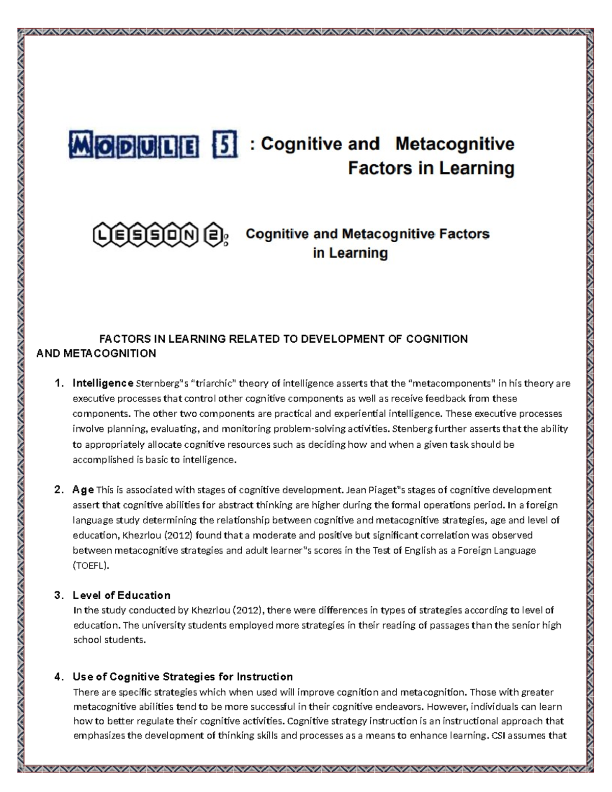 Cognitive and Metacognitive Factors in Learning: Module 5 Lesson 2 ...