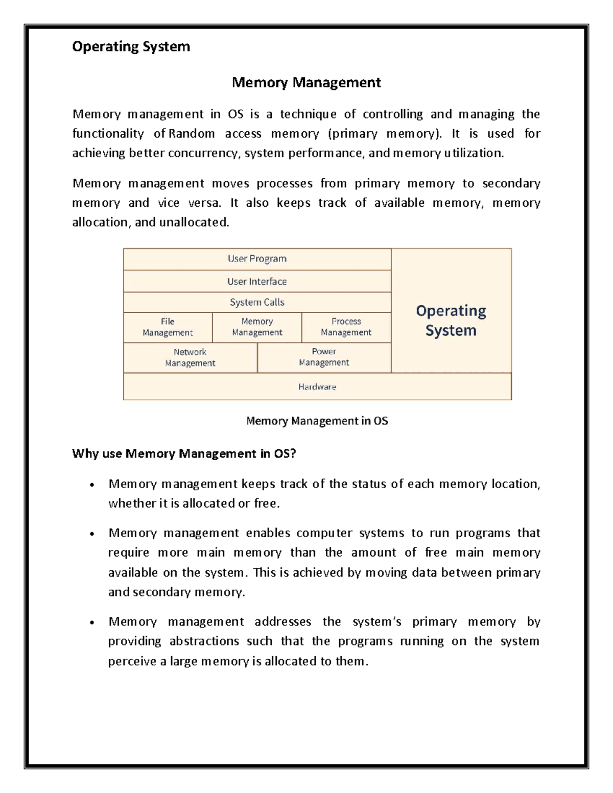 Memory Management in Operating Systems - BS IT Notes - Studocu