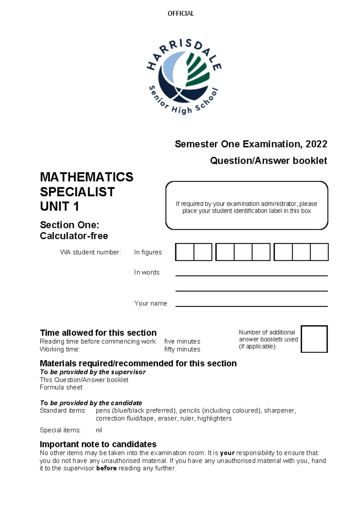 WAEP 2022 YR11 MATHEMATICS SPECIALIST UNIT 1 Exam Booklet - Studocu