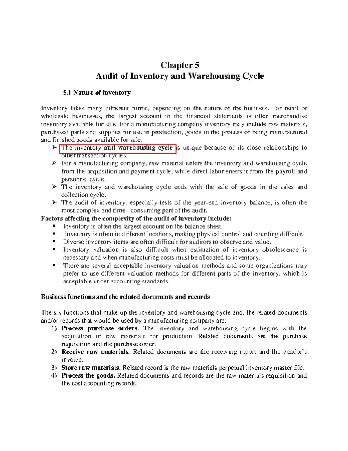inventory and warehousing cycle - Chapter 5 Audit of Inventory and ...