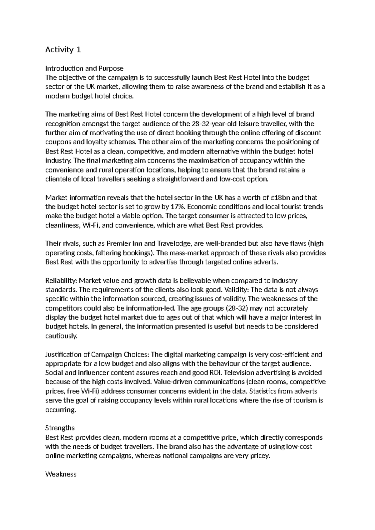 Marketing Campaign Strategy for Best Rest Hotel (Exam Mock - Budget ...