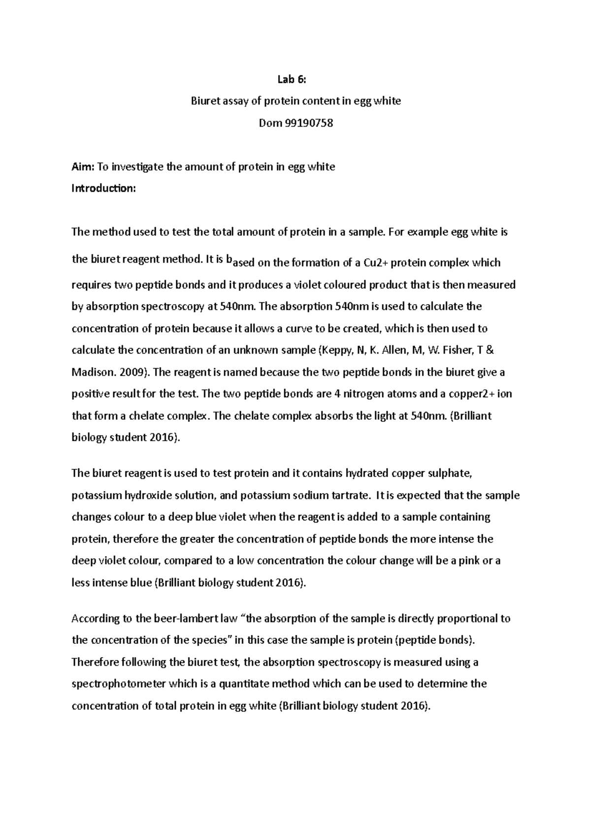 Lab report example - Lab 6: Biuret assay of protein content in egg ...