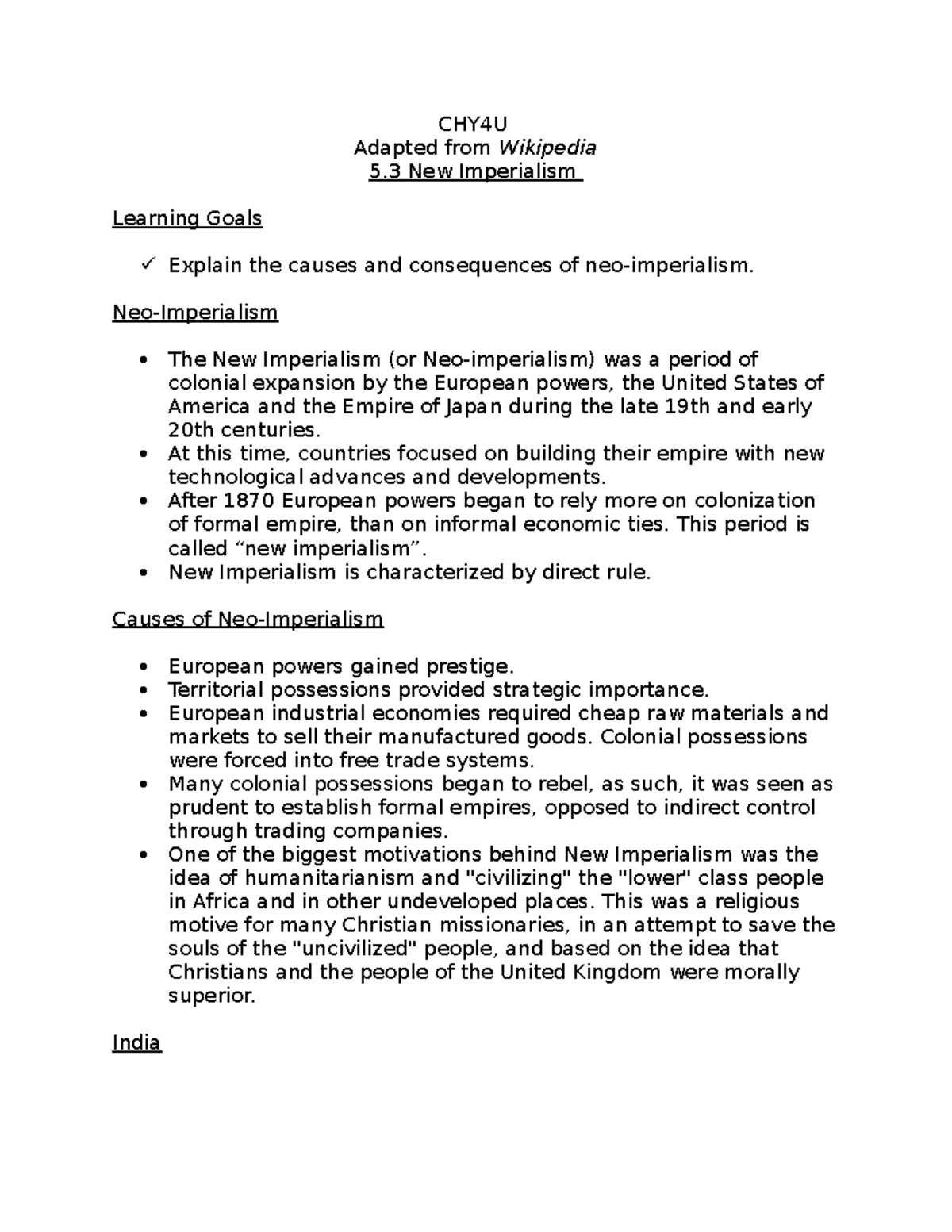 5.3 Neo Imperialism Notes - CHY4U Adapted from Wikipedia 5 New ...