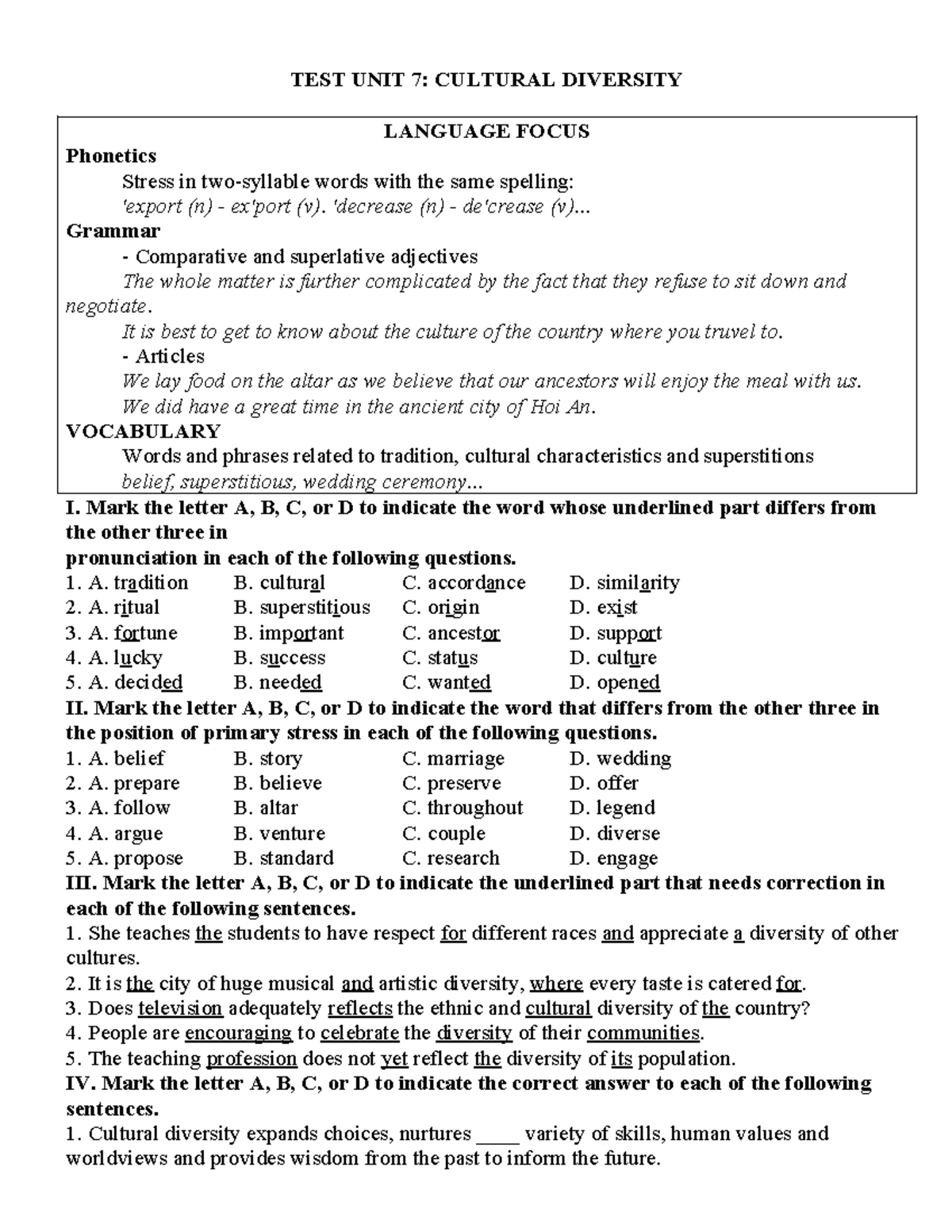Cultural Diversity Unit 7: Language Focus and Workplace Dynamics - Studocu