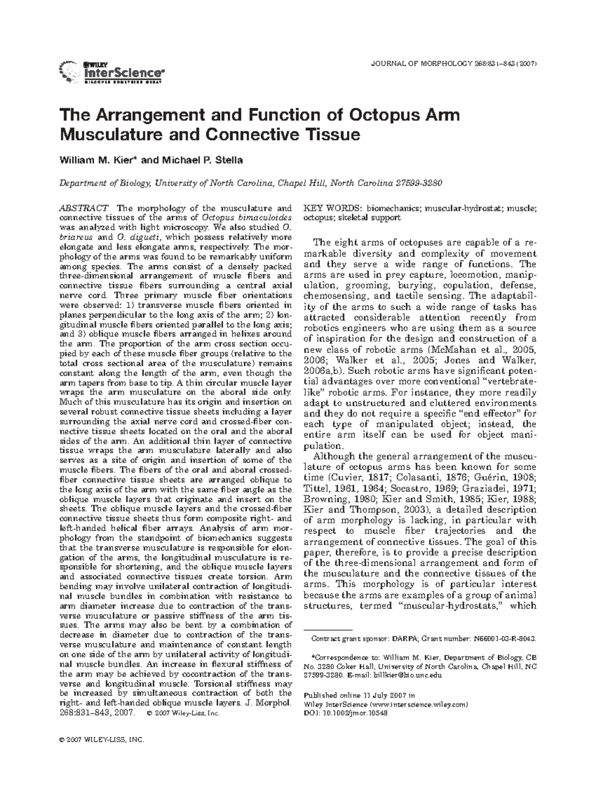 Kier & Stella 2007: Octopus Arm Musculature & Biomechanics Analysis ...
