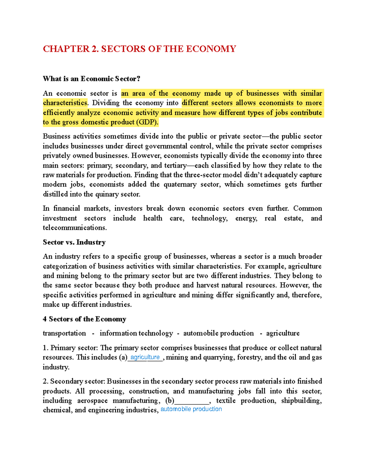 Chapter 2: Economic Sectors Overview - Lesson 1 Insights - Studocu