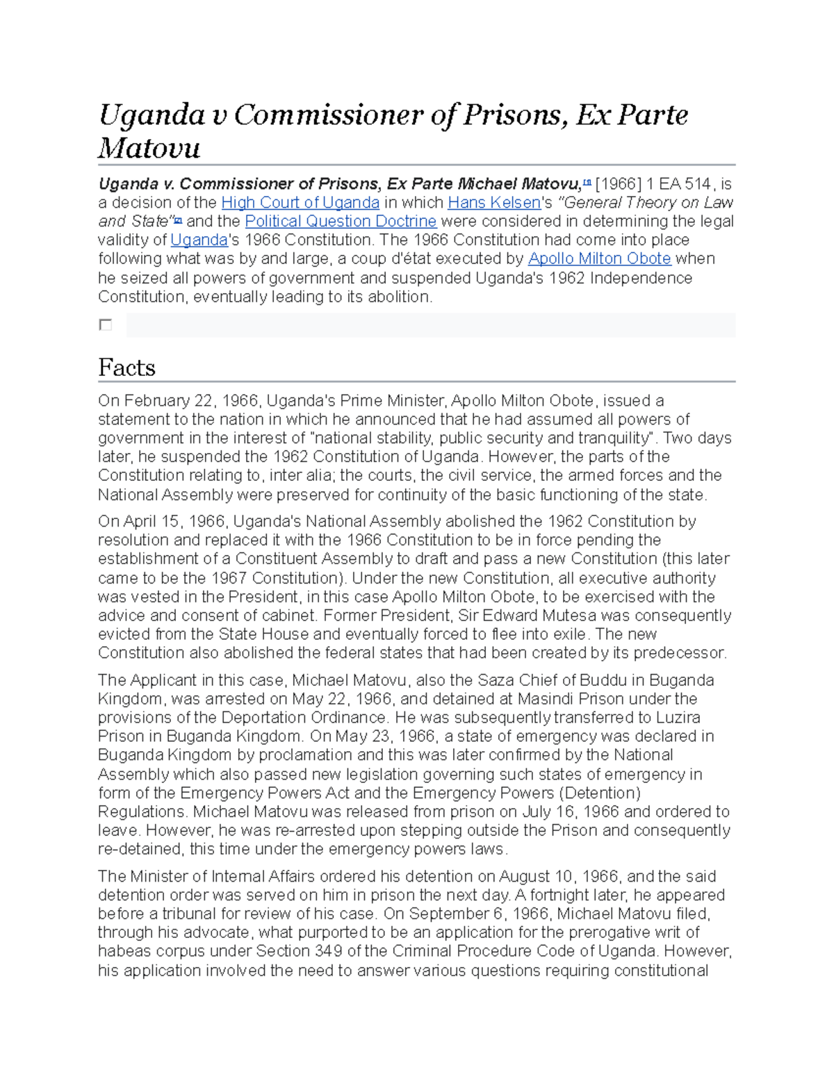 Analysis of Uganda v Commissioner of Prisons, Ex Parte Matovu Case ...
