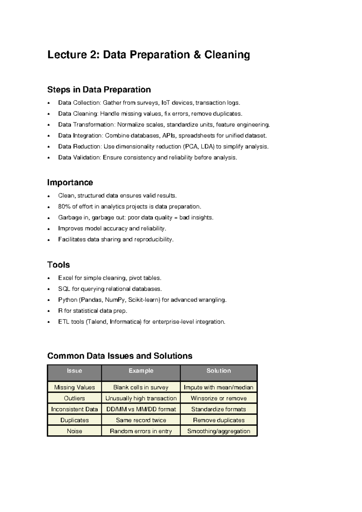 Lecture 2: Comprehensive Notes on Data Preparation Techniques - Studocu