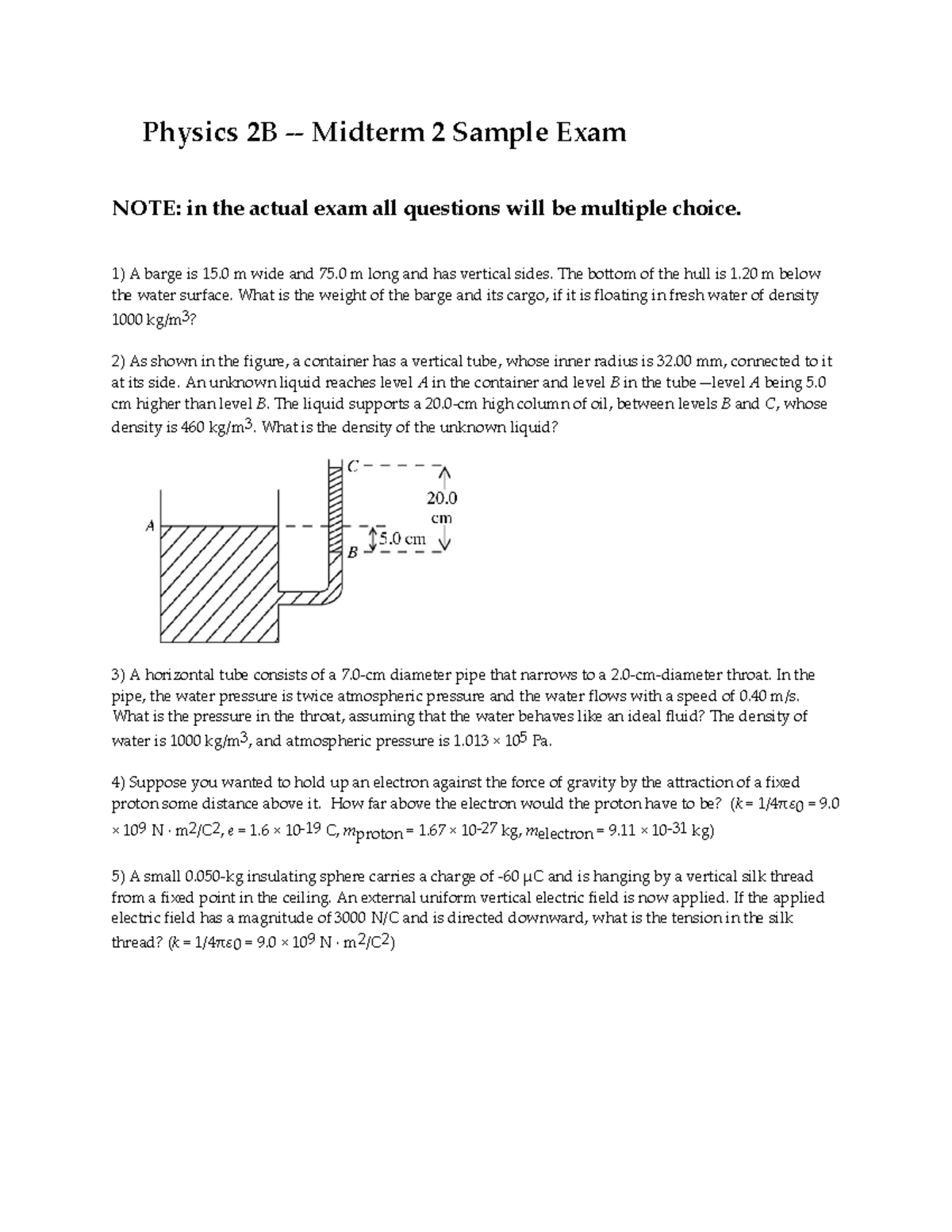 Physics 2B Midterm 2 Sample Exam Questions - W22 - Studocu