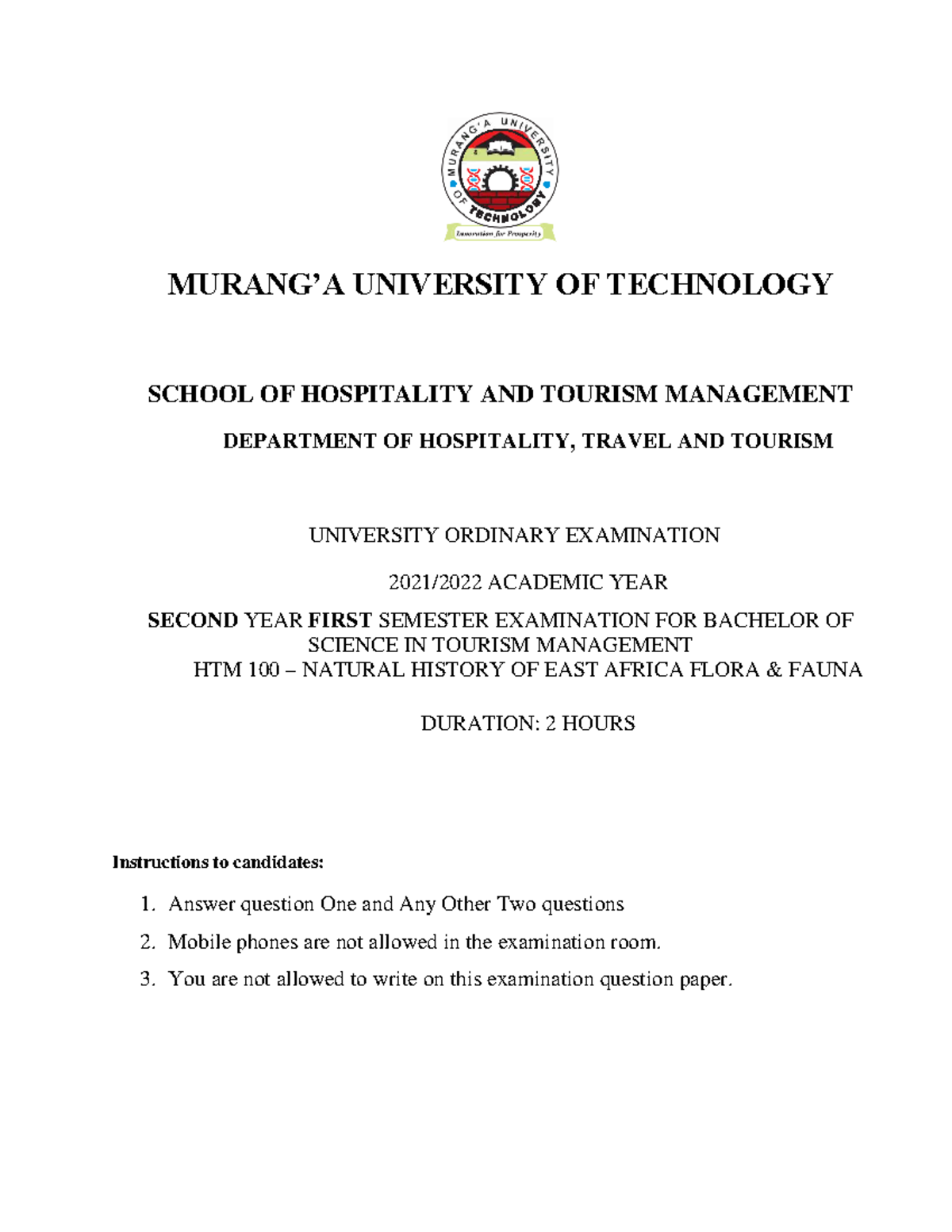HTM 100 Final Exam: Natural History of East Africa Flora & Fauna - Studocu