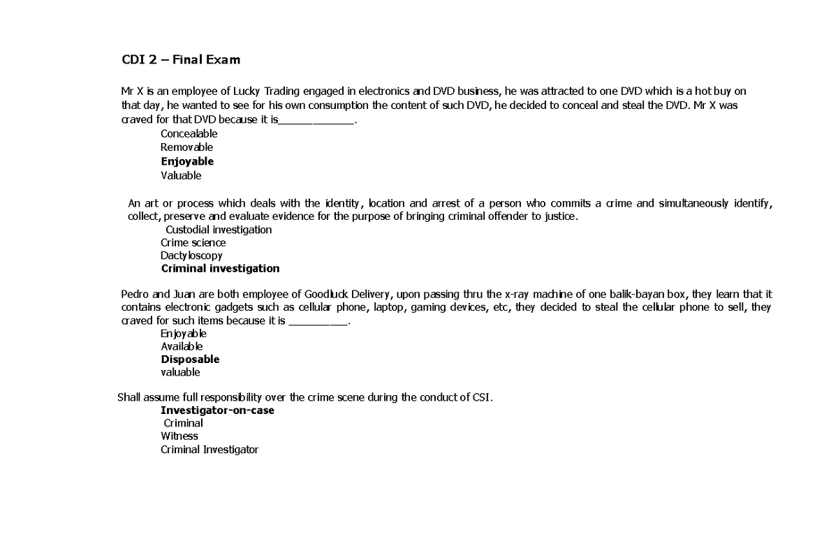 CDI-1 Final Exam Study Notes: Criminal Investigation Fundamentals - Studocu