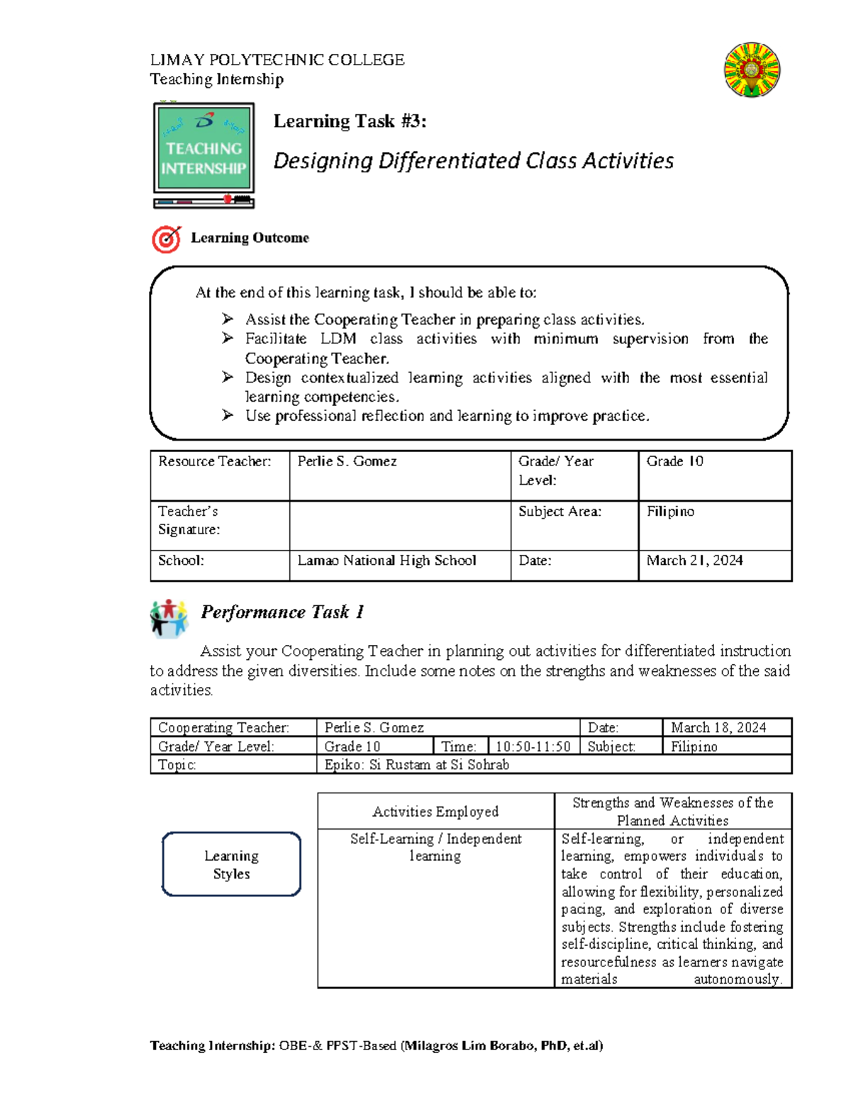 Teaching Internship Performance Tasks - Filipino 10 Activities - Studocu