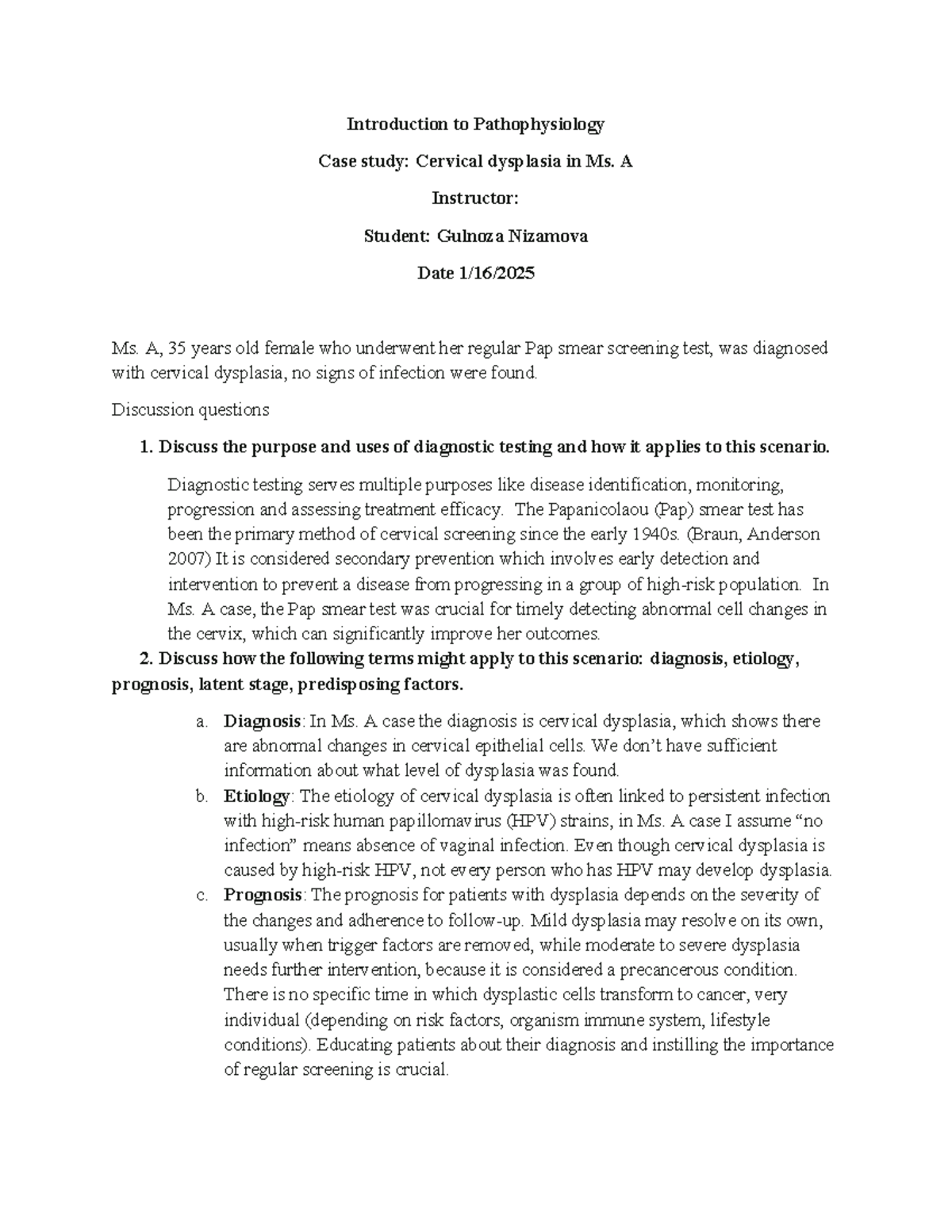 Pathophysiology Case Study: Cervical Dysplasia and Osteoarthritis ...