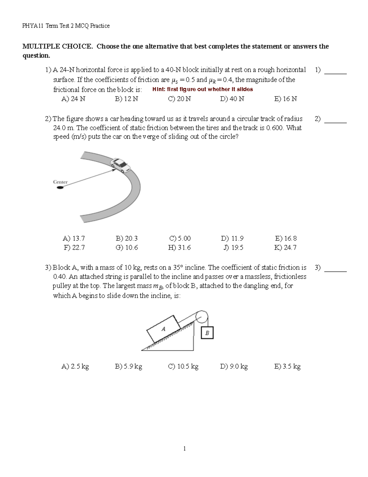 PHYA11 Term Test 2 MCQ Practice Questions and Answers - Studocu