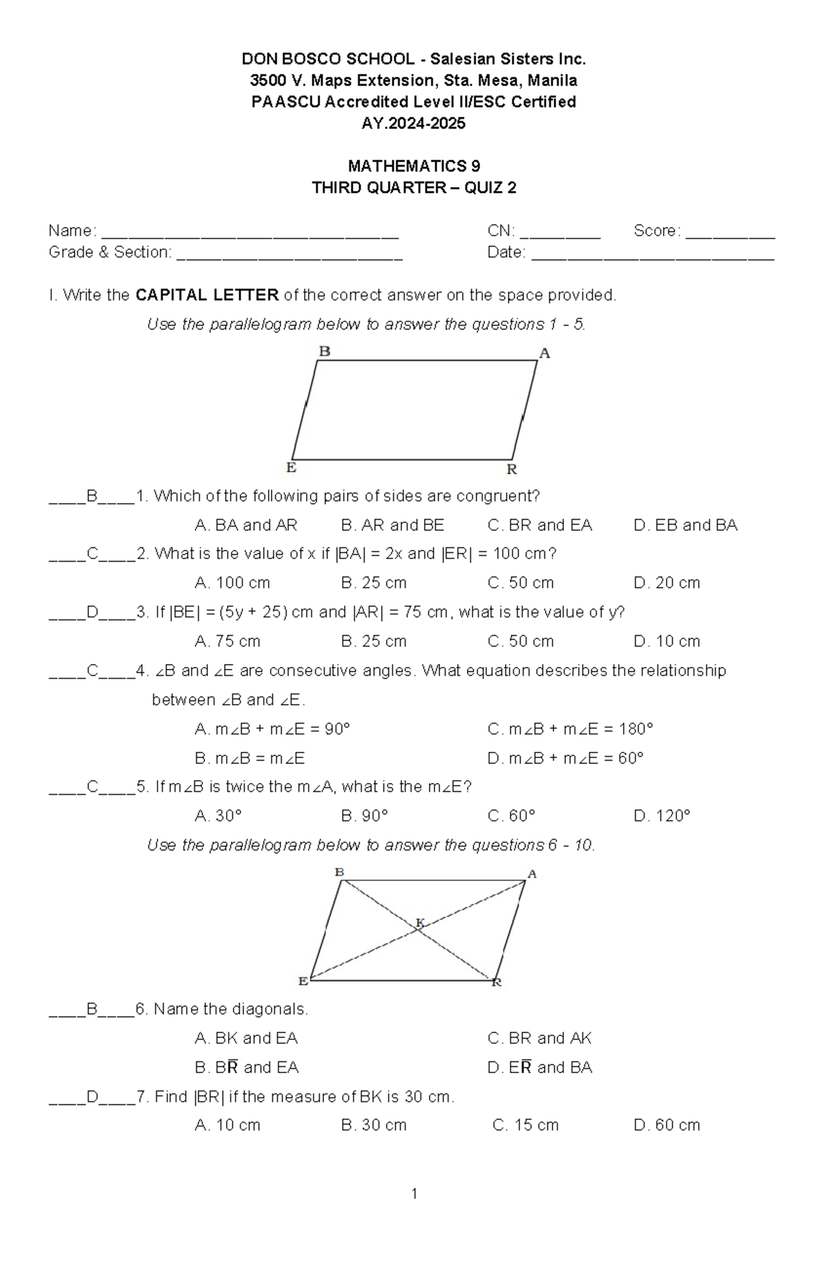 MATHEMATICS 9: 3rd QTR Quiz 2 with Answers and Solutions - Studocu