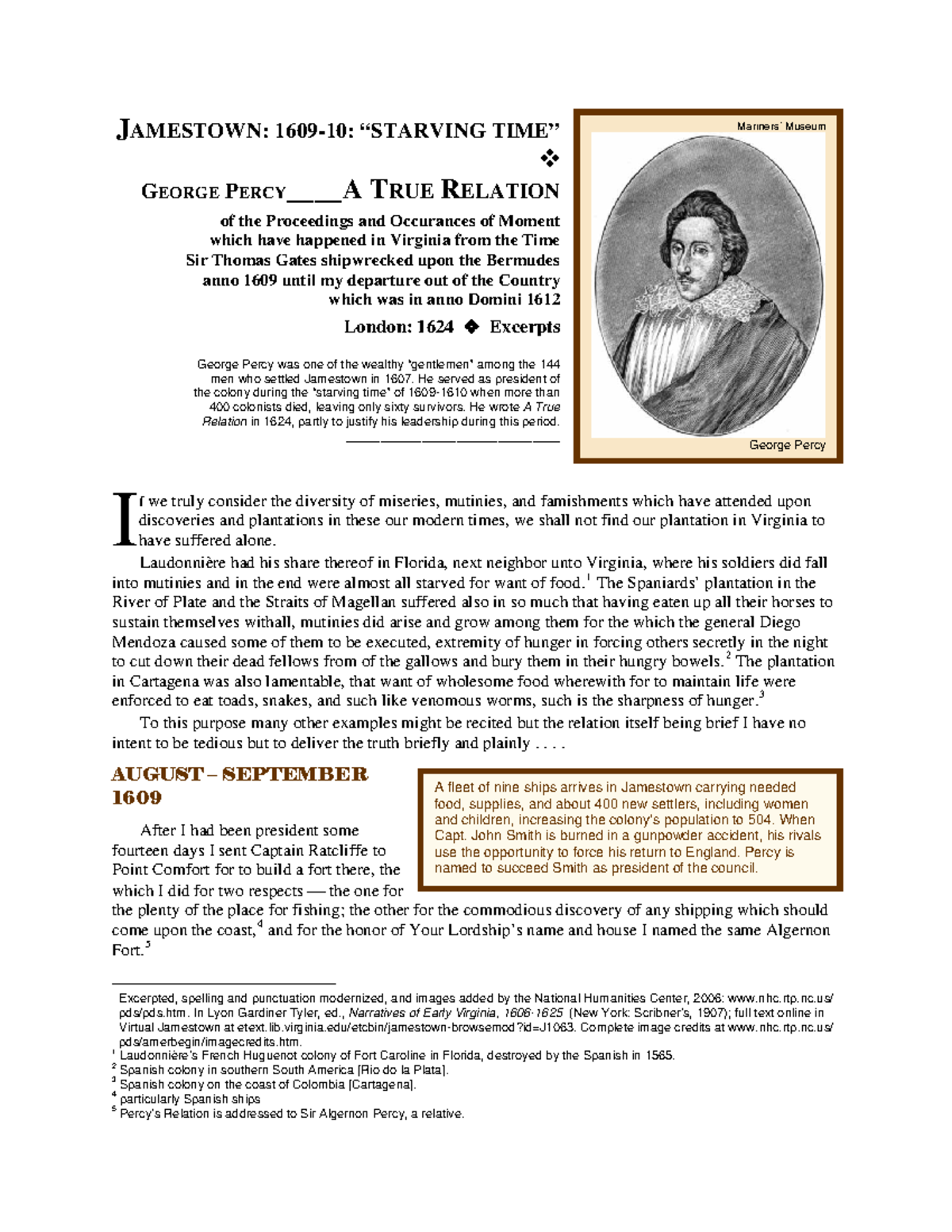 Jamestown History (HIST 101) - George Percy’s Account of "Starving Time ...