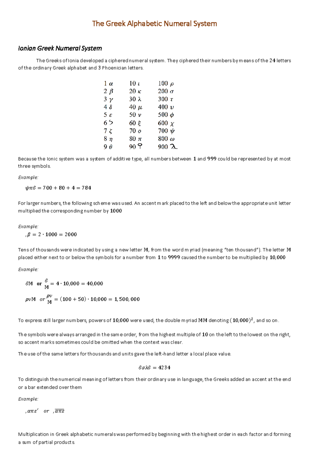 The Greek Alphabetic Numeral System - They ciphered their numbers by ...