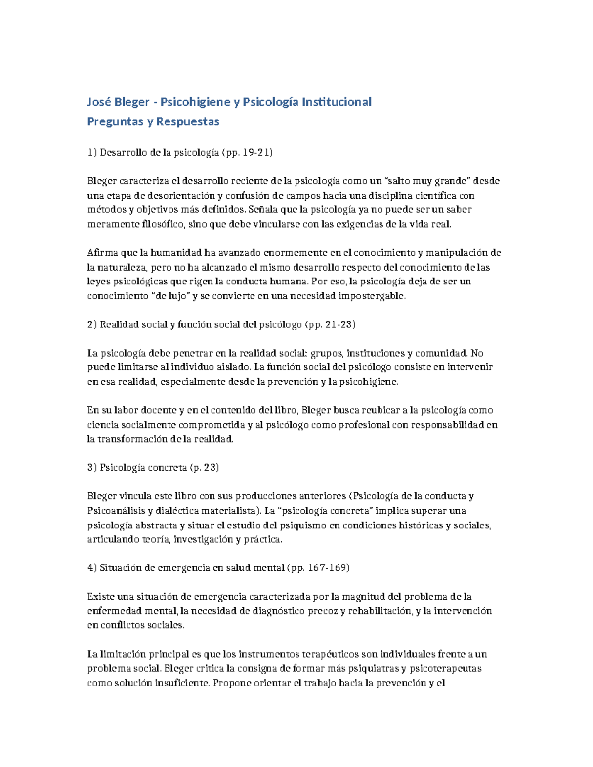 Bleger Psicohigiene y Psicología Institucional: Preguntas y Respuestas ...
