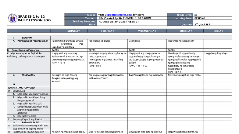 DLL Filipino 3 Q2 W1: Daily Lesson Log for Grades 1-12 - Studocu