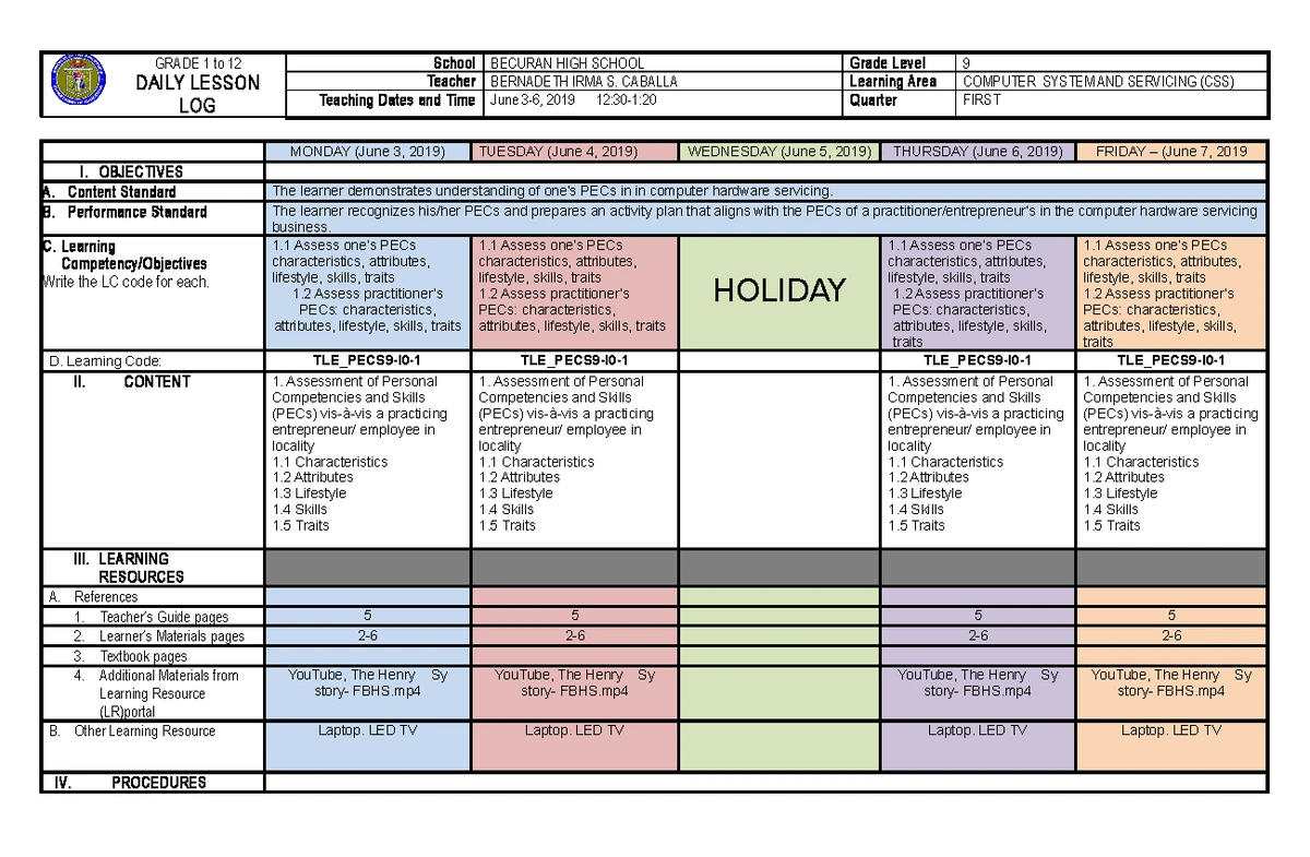 Sample-DLL-FOR-1-WEEK - DAILY LESSON LOG School: Bagong Barrio National ...