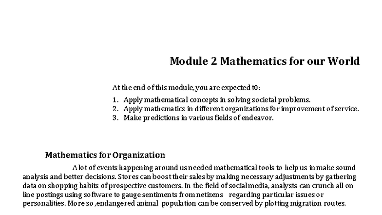W2-Module 2: Mathematics for Our World and Its Applications - Studocu