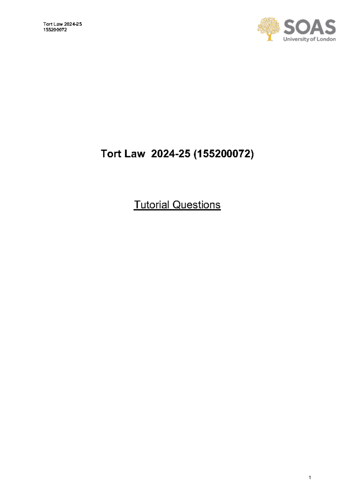 Tort Law 2024-25: Comprehensive Tutorial Questions and Preparation ...