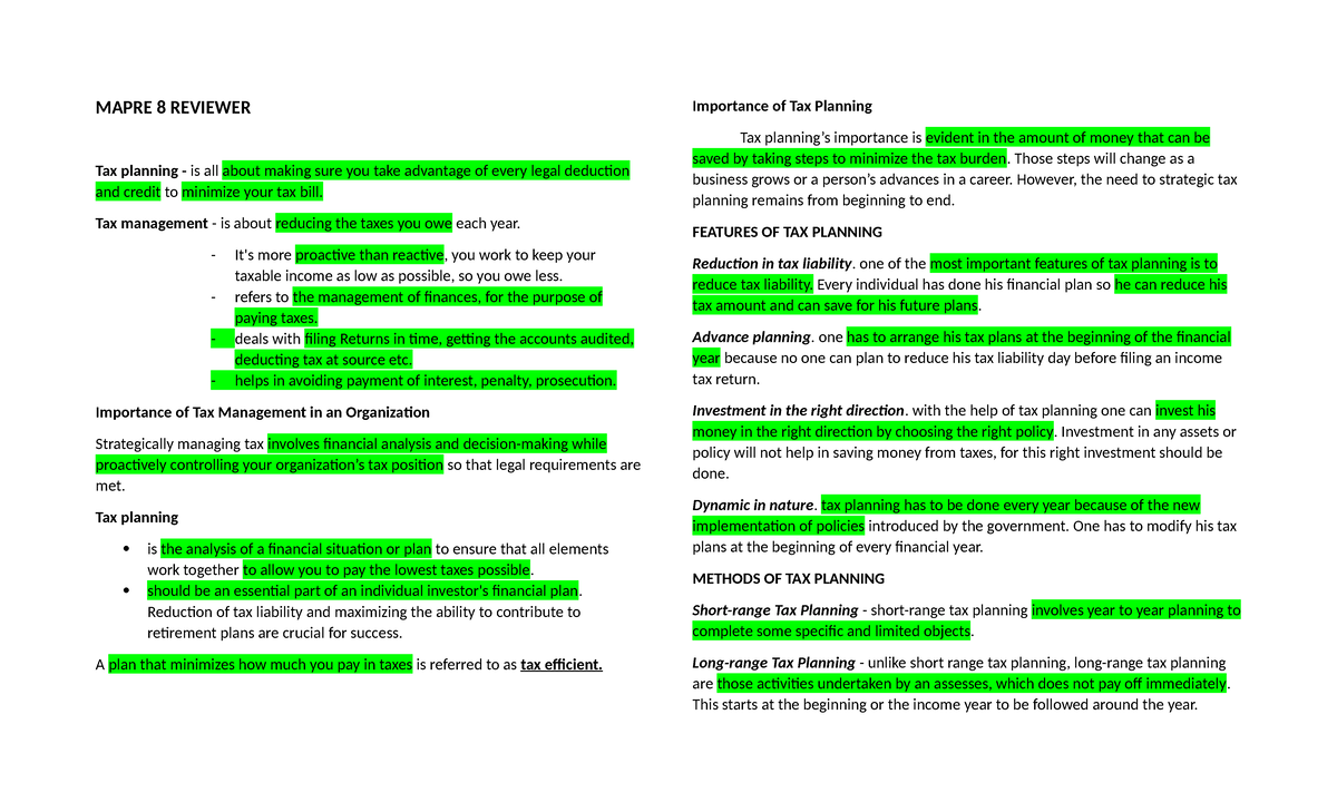 MAPRE 8 REVIEWER: Tax Planning and Management Insights - Studocu