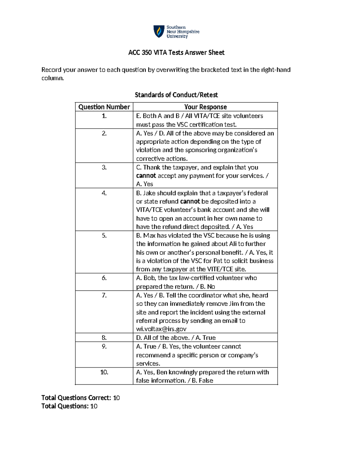 ACC 350 VITA Tests Answer Sheet - Complete Responses and Guidance - Studocu