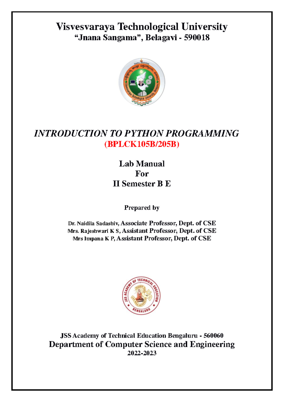 2nd Sem BPLCK205B Python Programming Lab Manual 2022-23 - Studocu
