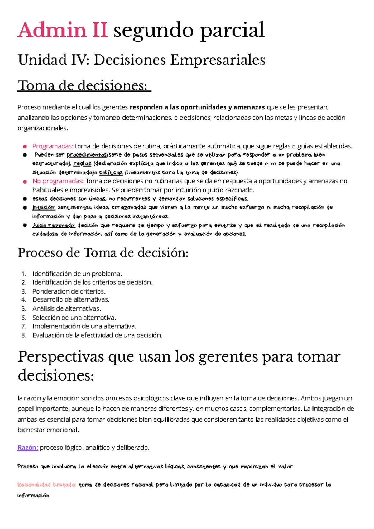Admin II segundo parcial - Admin II segundo parcial Unidad IV: Decisiones Empresariales Toma de ...