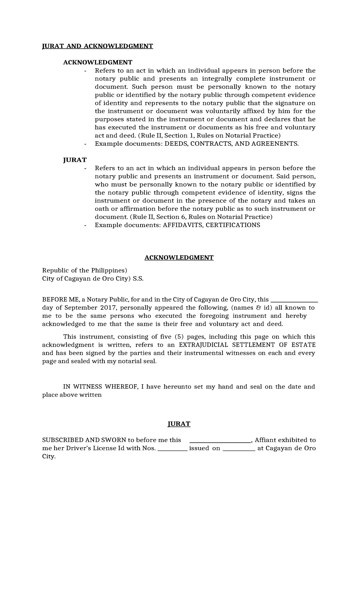 JURAT AND ACKNOWLEDGMENT: Notarial Practices Overview - Studocu