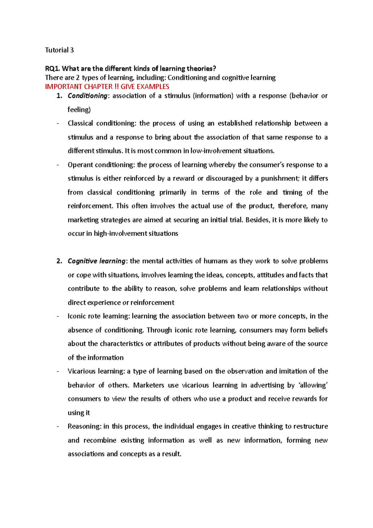 Tutorial 3 - Tutorial 3 RQ1. What are the different kinds of learning ...