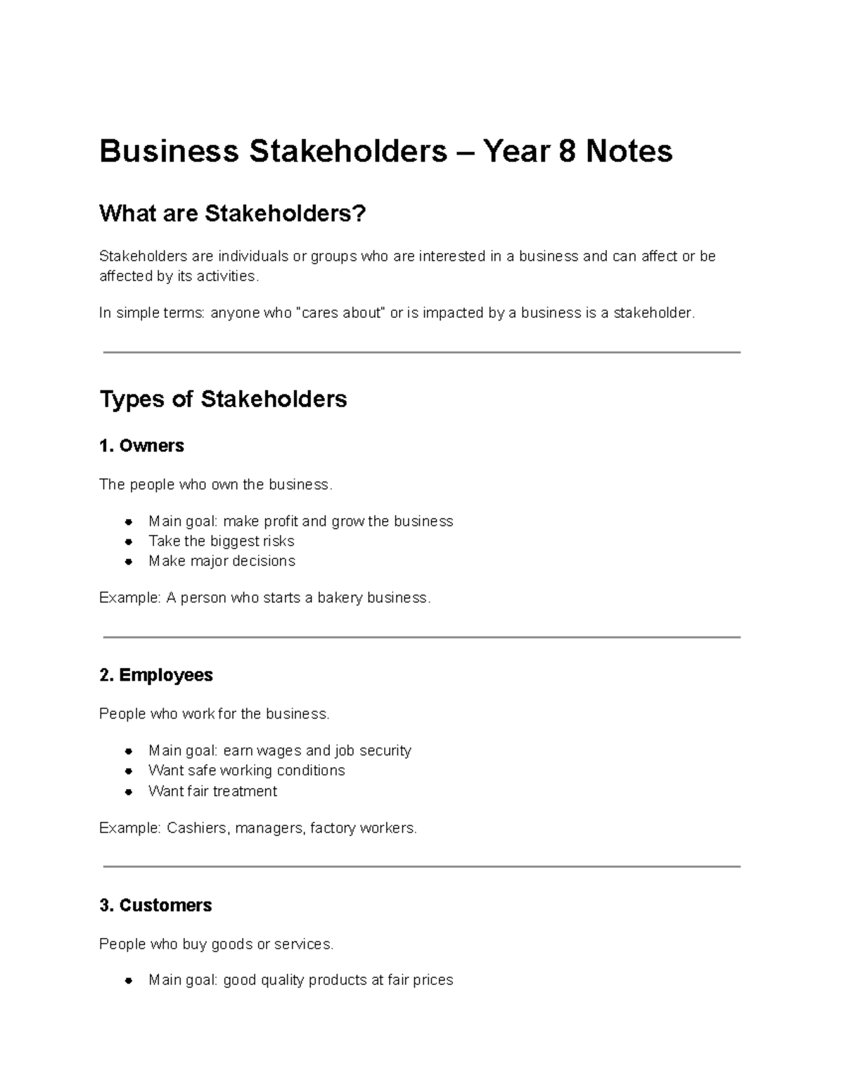 Business Stakeholders - Year 8 Study Notes on Stakeholder Types - Studocu