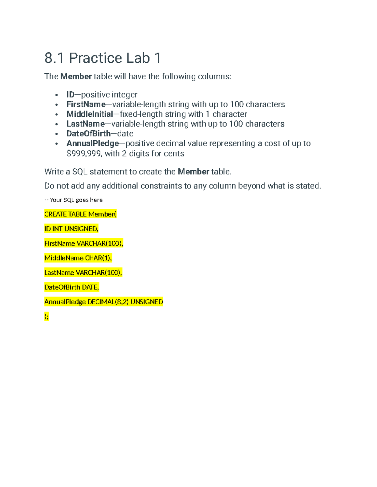 Chapter 8 Labs: Database Table and SQL Statement Exercises - Studocu