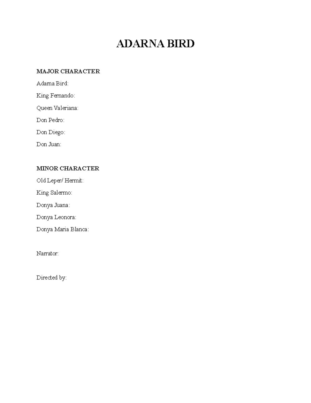 Ibong Adarna Script: Major & Minor Characters Analysis - Studocu