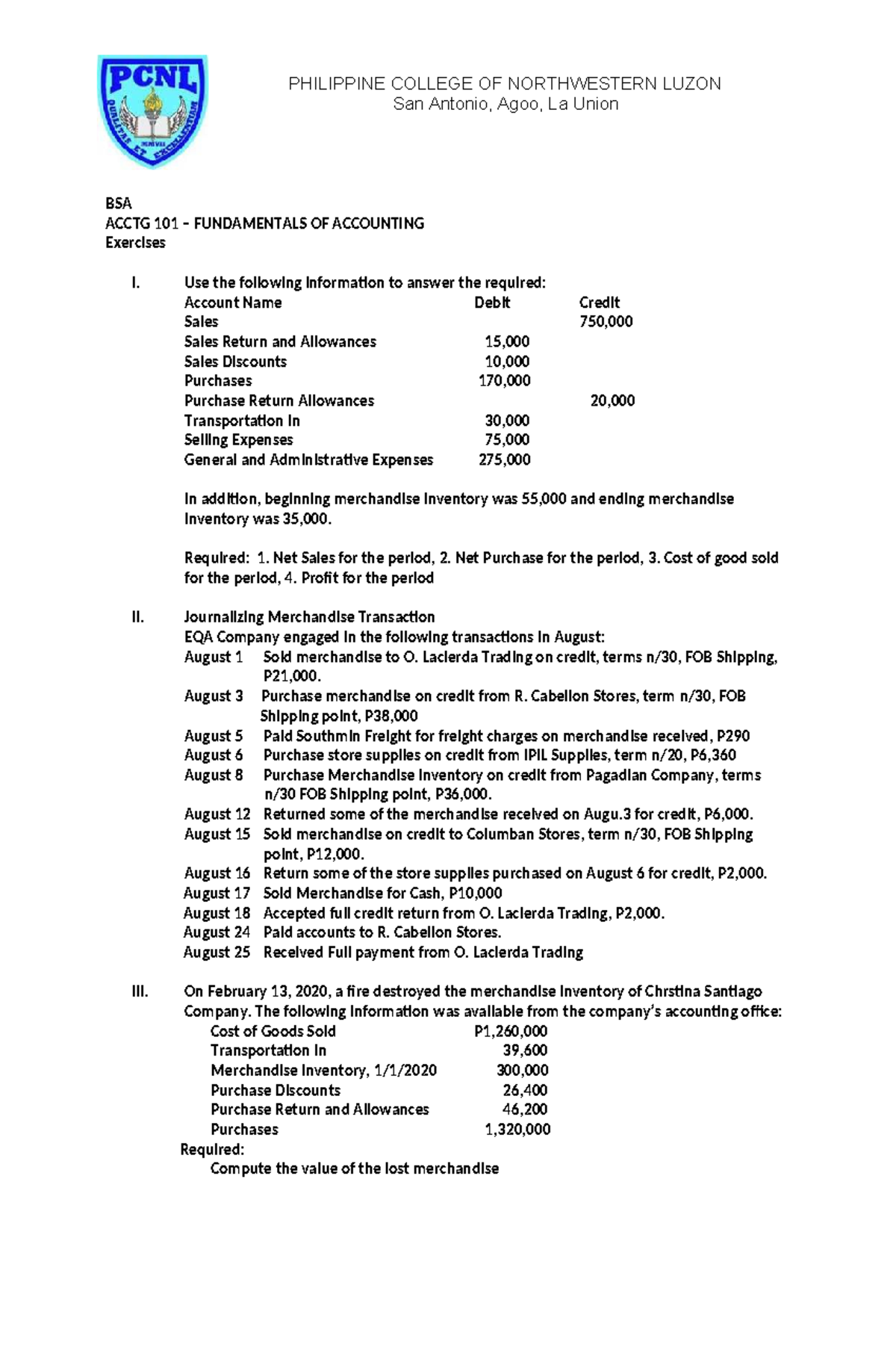 BSA ACCTG 101 - Fundamentals of Accounting Exercises and Journal ...