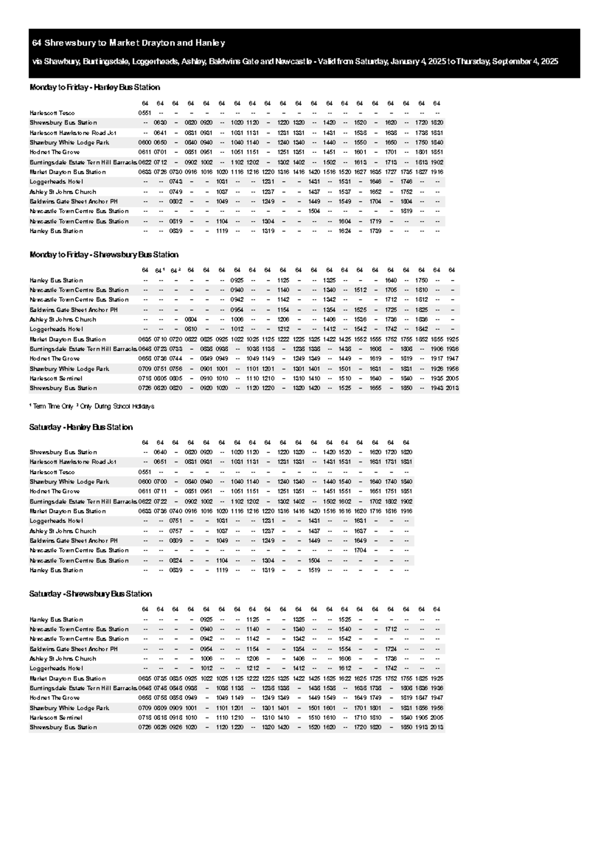 64 Shrewsbury to Market Drayton & Hanley Bus Schedule (Jan-Sep 2025 ...