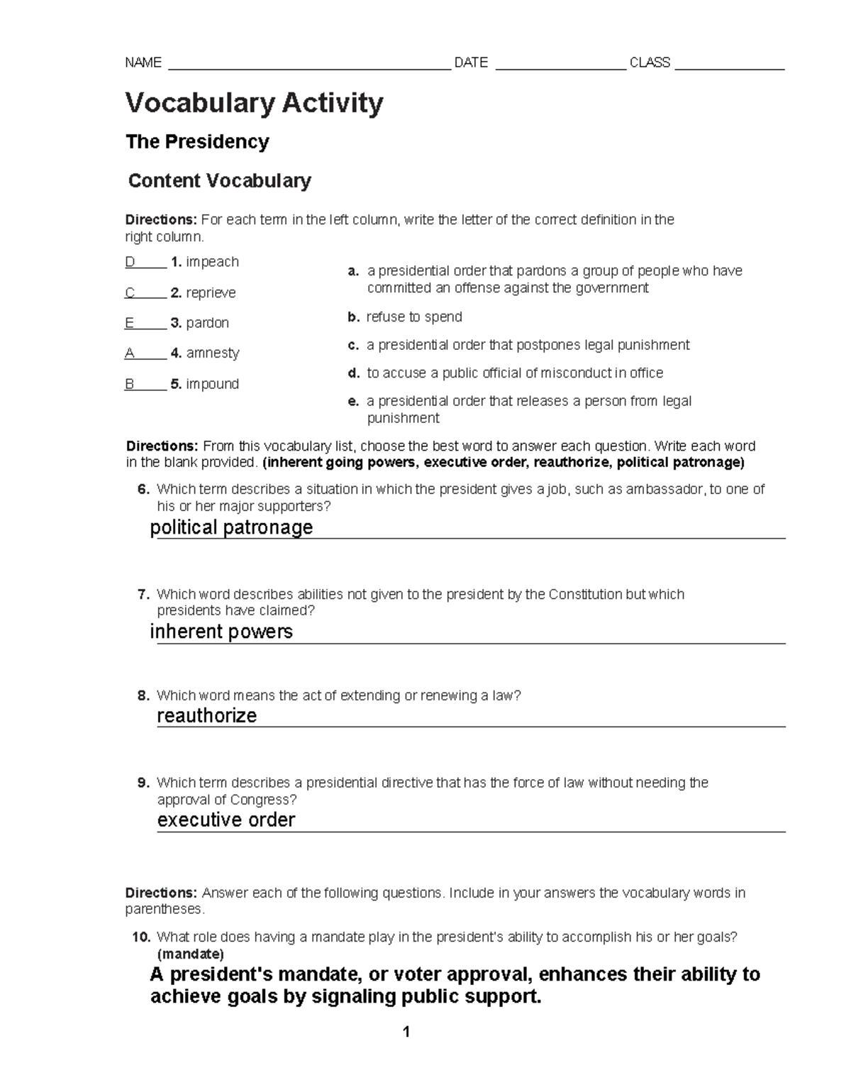Chapter 9 Vocabulary Builder - The Presidency Activities - Studocu