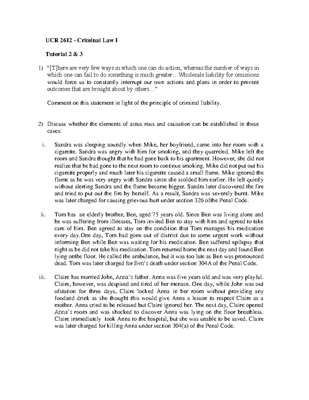 Tutorial 2 & 3 - ... - UCR 2612 - Criminal Law I Tutorial 2 & 3 “[T ...